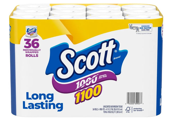 Scott Bath Tissue – 1‑Ply | 1100 Sheets Per Roll | 36‑Roll Mega Value ...